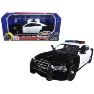 motormax 79533 2011 dodge charger pursuit police car black & white with flashing light bar, front & rear lights & 2 sounds 1/24 diecast model car, multi