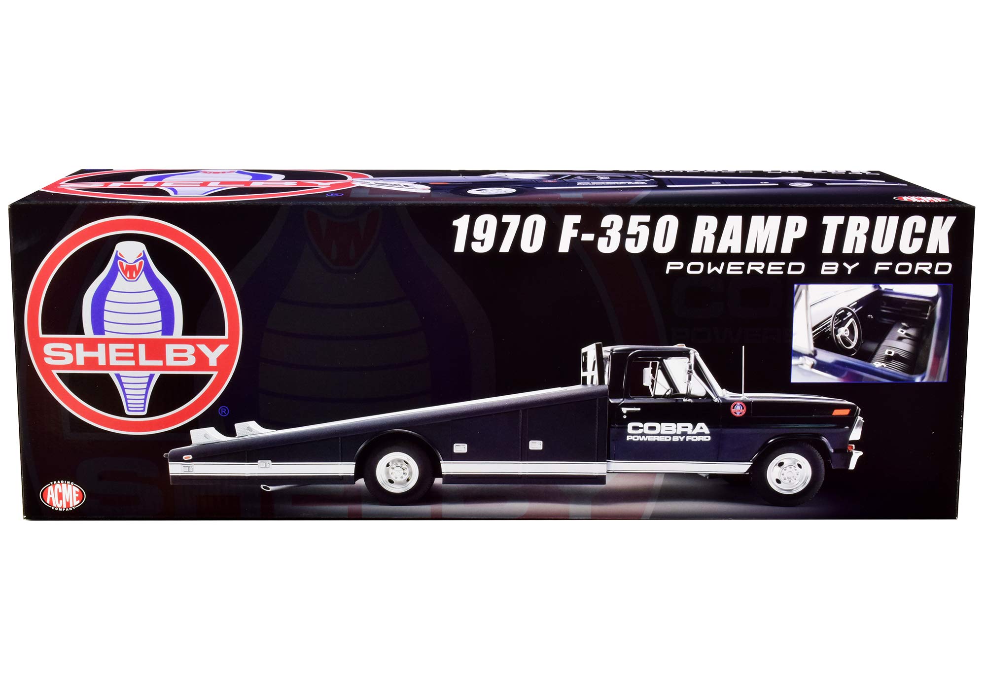 1970 Ford F-350 Ramp Truck Dark Blue with White Stripes Cobra Powered by Ford 1/18 Diecast Model Car by ACME A1801405