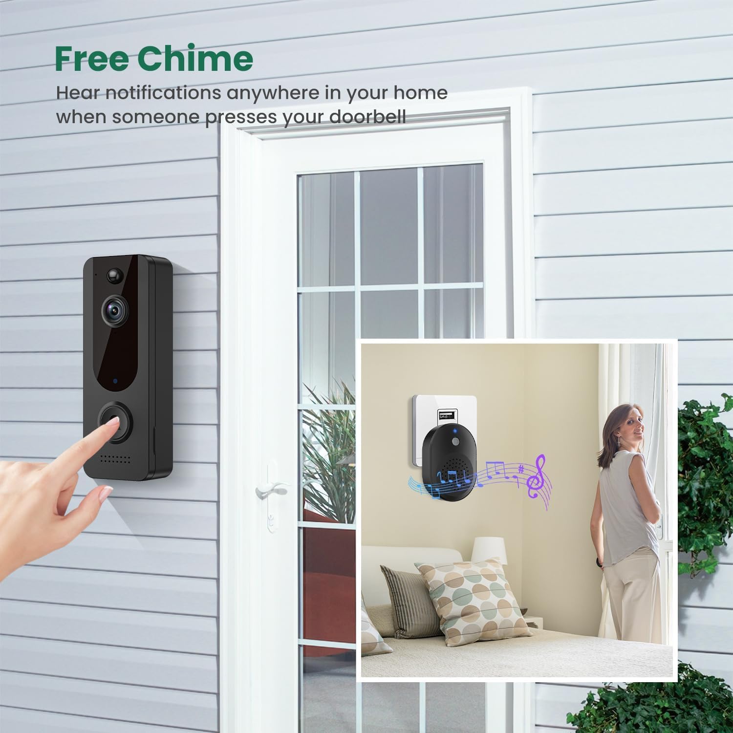 SJCODE Smart Video Doorbell with Chime Ringer, Security Camera Wireless Indoor/Outdoor and Battery Powered, 2-Way Audio, Night Vision, Human Detection, Wide-Angle Lens Surveillance