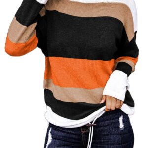 Dokotoo Womens Sweaters Round Neck Striped Cute Winter Pullover Sweaters for Women Trendy 2023 Drawstring Orange Medium