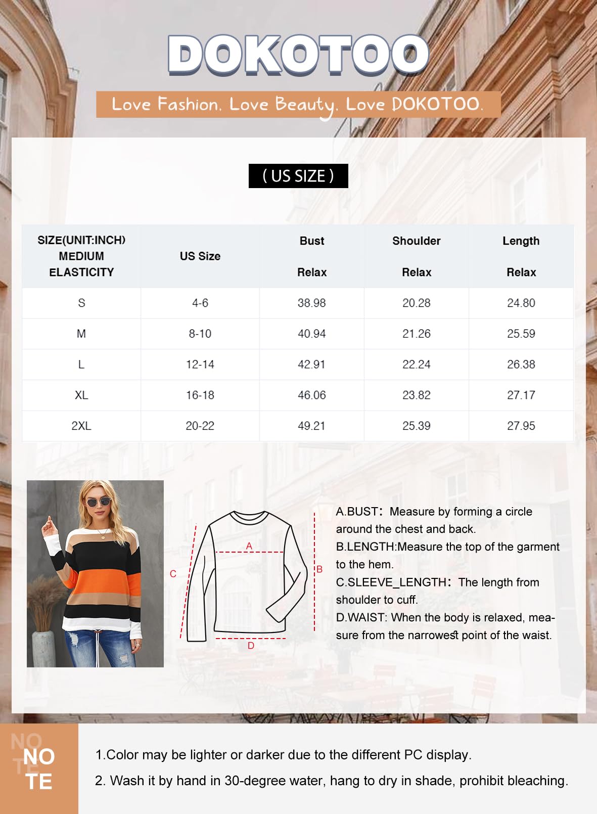 Dokotoo Womens Sweaters Round Neck Striped Cute Winter Pullover Sweaters for Women Trendy 2023 Drawstring Orange Medium