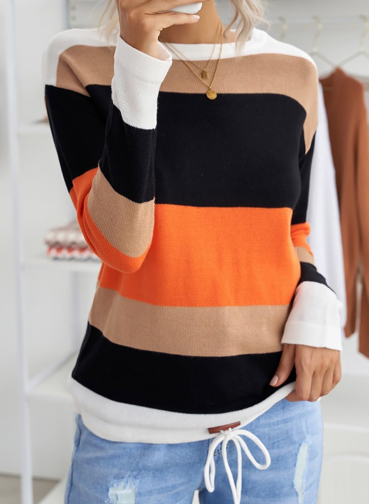 Dokotoo Womens Sweaters Round Neck Striped Cute Winter Pullover Sweaters for Women Trendy 2023 Drawstring Orange Medium