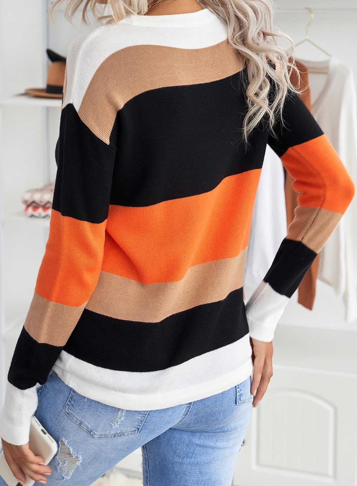 Dokotoo Womens Sweaters Round Neck Striped Cute Winter Pullover Sweaters for Women Trendy 2023 Drawstring Orange Medium