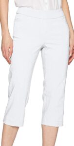 slim-sation women's wide band pull on straight leg capri with tummy control, white, 4