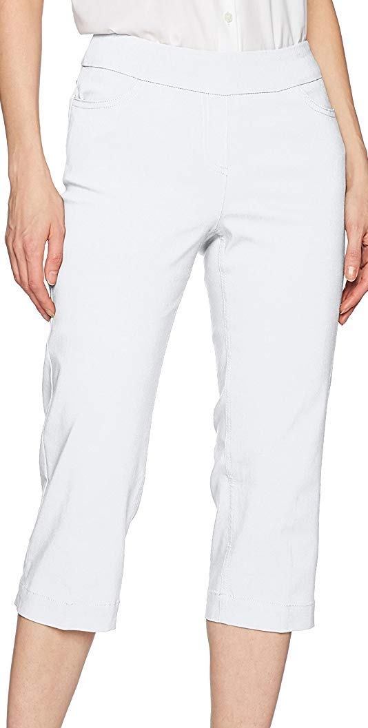 SLIM-SATION Women's Wide Band Pull On Straight Leg Capri with Tummy Control, White, 4