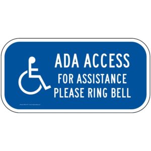 compliancesigns.com ada access for assistance please ring bell reflective sign, blue reflective, 12x6 inch on 80 mil aluminum for accessible