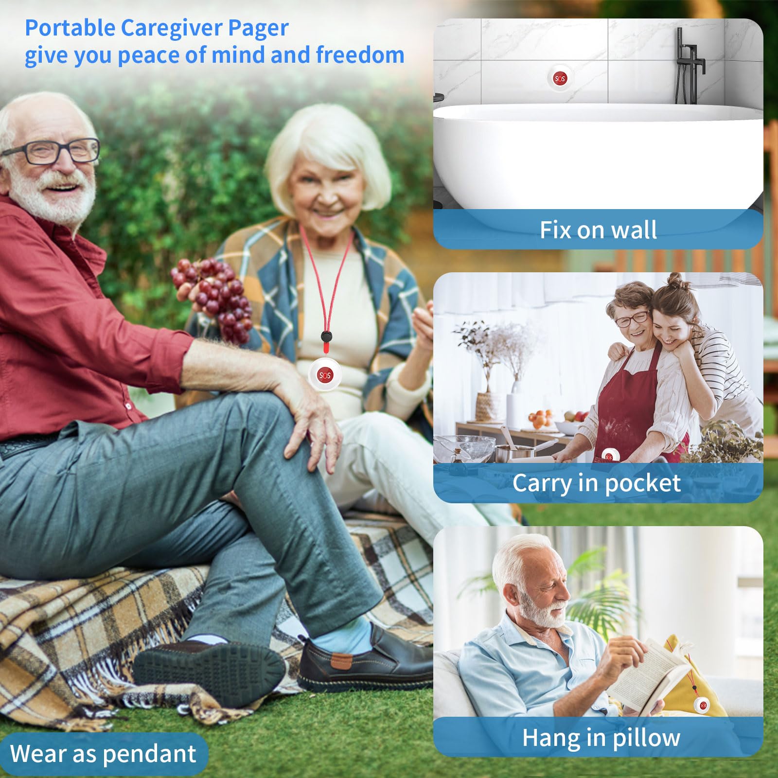 SURFOU Caregiver Pager Wireless Panic Button Nurse Call Bell 3 Call Buttons 1 Plugin Receivers 1000ft Range Personal Alarms Pager for Elderly Dementia Patients Kids Safety Home Security