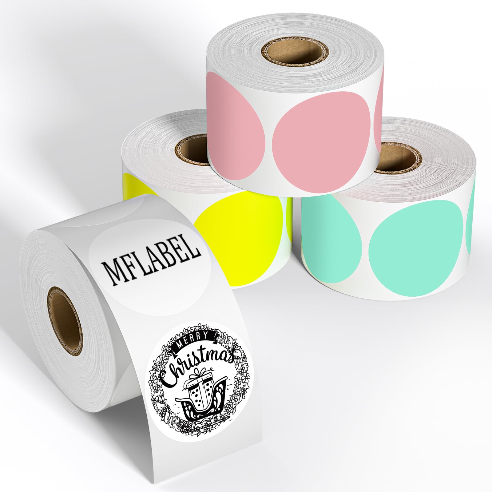 MFLABEL 2 Inch Thermal Sticker Labels,3000 Labels Round Thermal Labels,Circle Thermal Labels with White,Pink,Green,Yellow Self-Adhesive Round Direct Thermal Labels for DIY Logo Design, QR Code