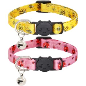 giecooh cat collar, 2 pack breakaway collar with bells, safety buckle kitten collars for boy and girl cats, bee+ladybug