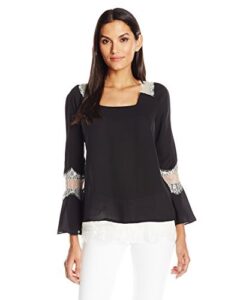 ny collection women's sld ls bell blouse with tie at back and lace trim, black, m