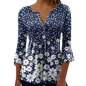 tshirts shirts for women 3/4 bell sleeve button down henley tops flowy pleated casual v neck ditsy floral blouse