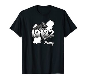 philadelphia silhouette with zip code 19122 and liberty bell t-shirt