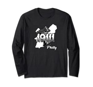 philadelphia silhouette with zip code 19111 and liberty bell long sleeve t-shirt