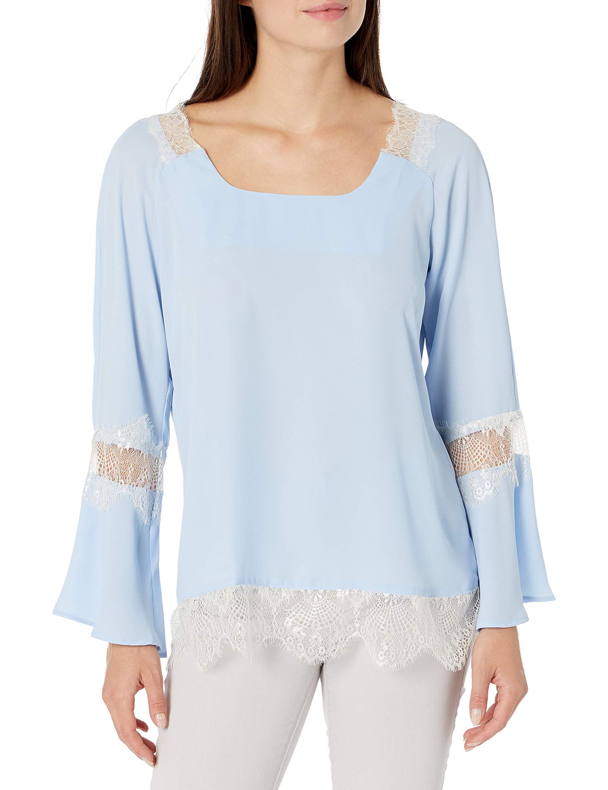 NY Collection Women's SLD Ls Bell Blouse with Tie at Back and Lace Trim, Chambray Blue, XL