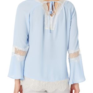 NY Collection Women's SLD Ls Bell Blouse with Tie at Back and Lace Trim, Chambray Blue, XL