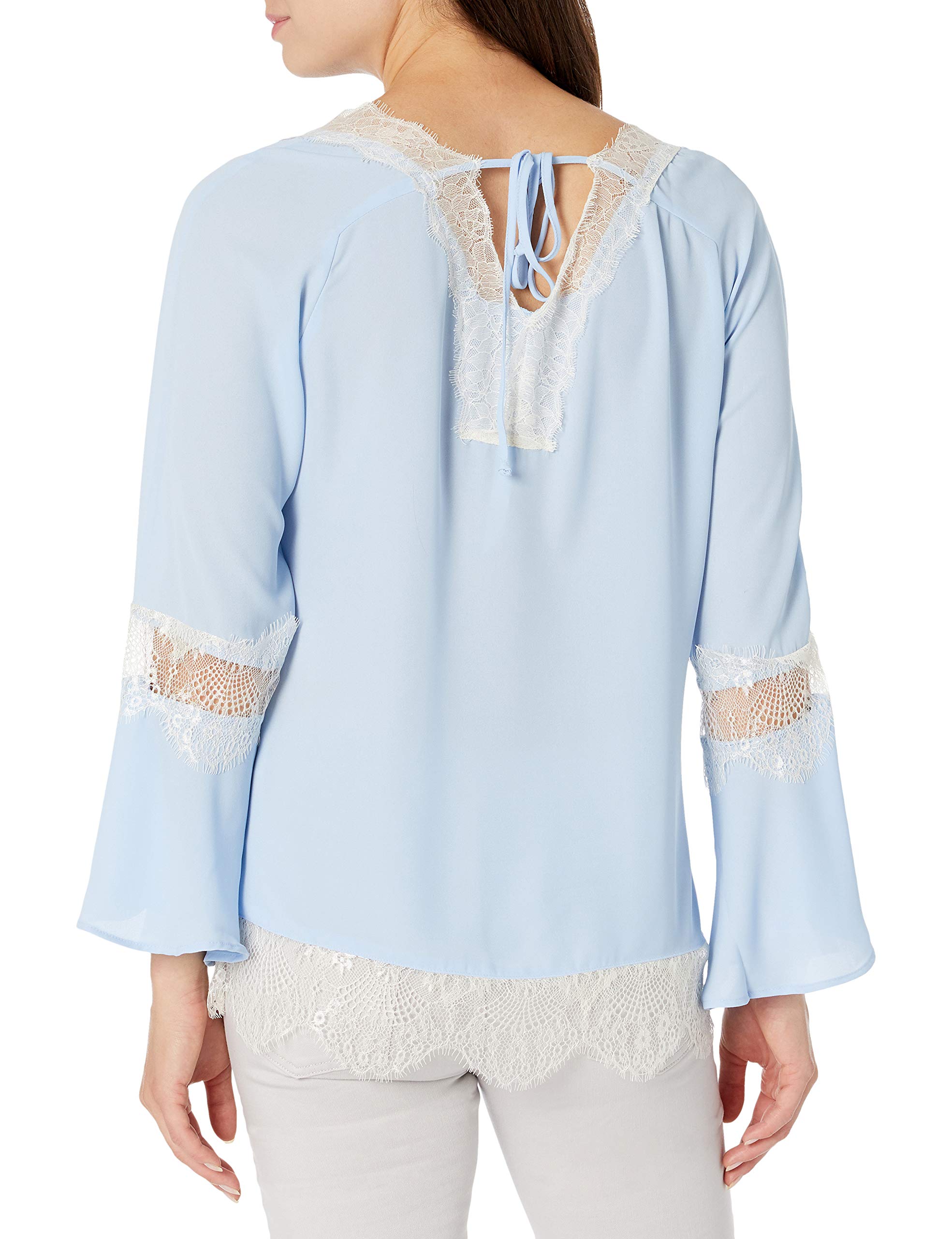 NY Collection Women's SLD Ls Bell Blouse with Tie at Back and Lace Trim, Chambray Blue, XL