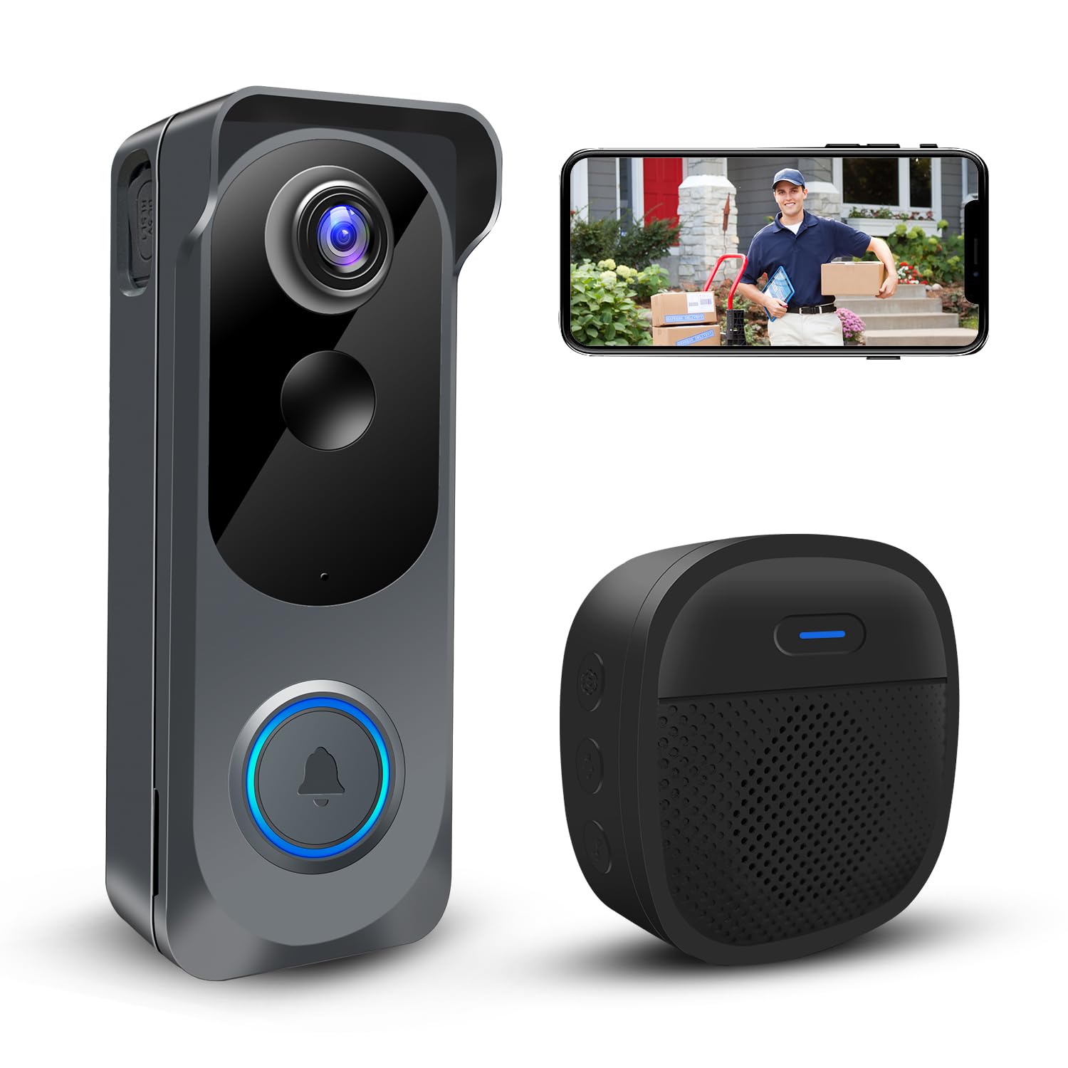 KAMEP Video Doorbell Camera Wireless with Chime,2.4G WiFi Doorbell Camera with Voice Changer,Voice Message,2-Way Audio,Night Vision,PIR Motion Detection,IP66 Waterproof,Compatible with Alexa