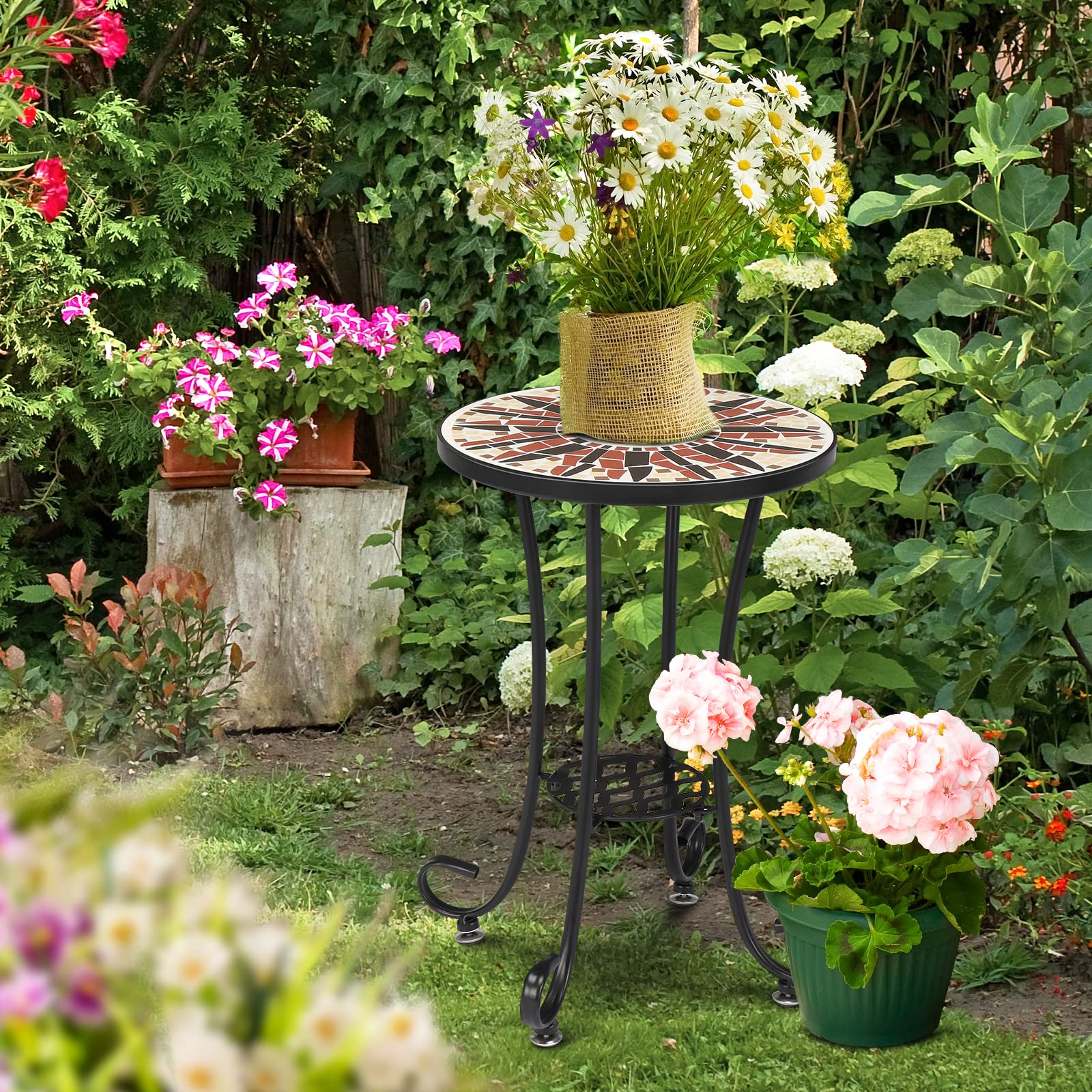 VINGLI Mosaic Outdoor Side Table, 14" Round End Table, Accent Table, Ceramic Tile Top Black Iron,Brown Flower