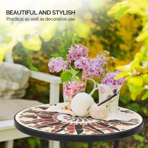 VINGLI Mosaic Outdoor Side Table, 14" Round End Table, Accent Table, Ceramic Tile Top Black Iron,Brown Flower