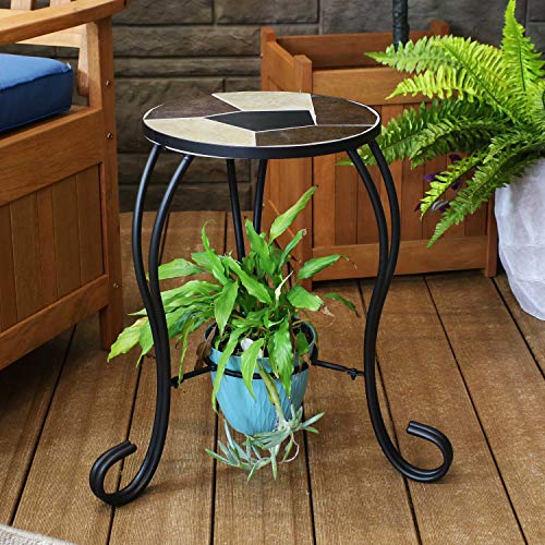 Sunnydaze 12-Inch Plant Stand - Indoor or Outdoor Plant Holder or Side Table - Steel Frame - For Garden, Patio, or Inside the Home - Ceramic Tile