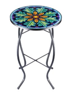 vcuteka outdoor side table mosaic end table patio side table small end table glass top round balcony coffee table porch indoor glass top