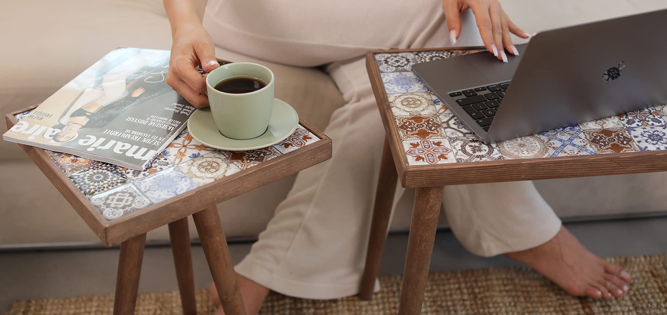 Comfyt Side Table, Coffee Table, End Table, Home Decor Table, Nightstand Nesting Table, Bedside Table, Accent Table, Home Essentials, Solid Wood Table, Mexican Tile Table, Ceramic End Table