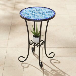 teal island designs blue star modern black metal round outdoor accent side table 14" wide with lower shelf mosaic tabletop gracefully curved legs for porch patio home house balcony spaces deck