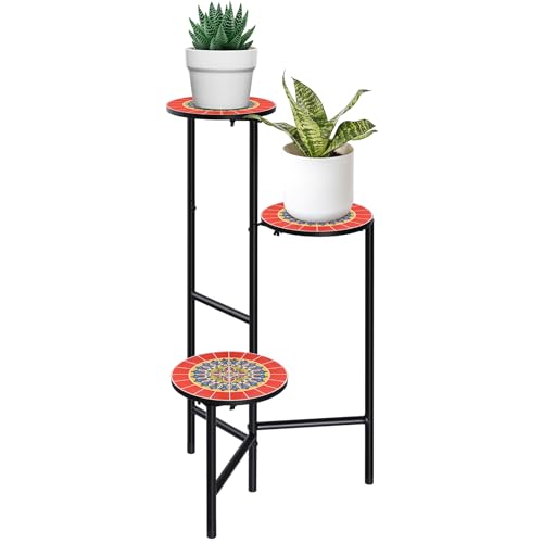 THE NEXT GARDENER.COM 3 Tier Indoor Plant Stand, Corner Outdoor Flower Shelf with 10" Ceramic Tile Tabletop, Tall Metal Planter Holder Rack, Plants Display Organizer for Living Room, Patio Garden