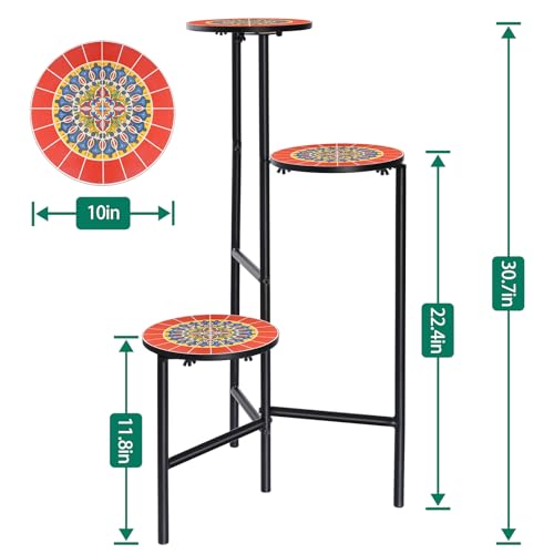 THE NEXT GARDENER.COM 3 Tier Indoor Plant Stand, Corner Outdoor Flower Shelf with 10" Ceramic Tile Tabletop, Tall Metal Planter Holder Rack, Plants Display Organizer for Living Room, Patio Garden