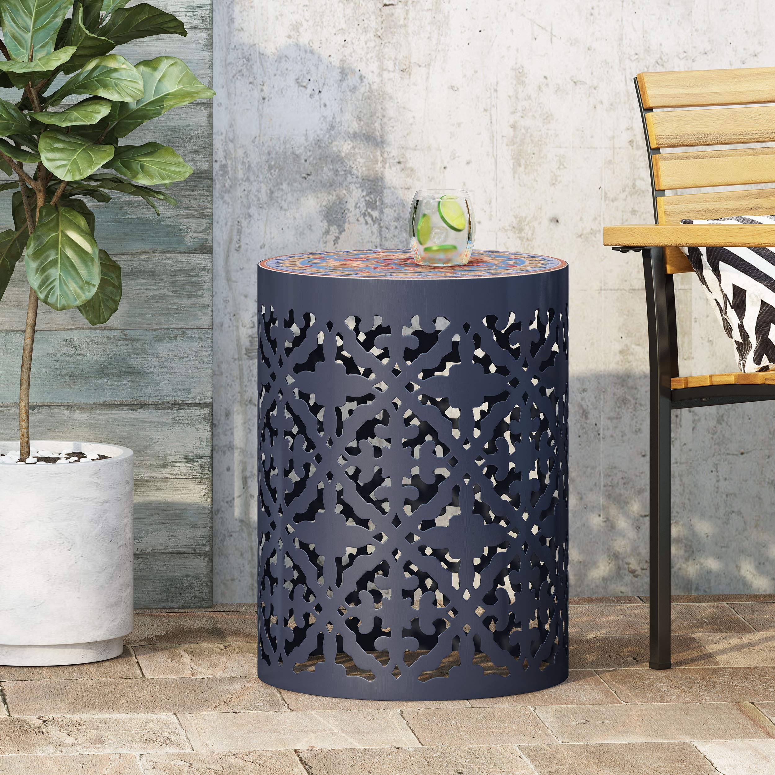 Christopher Knight Home Laurent Outdoor Lace Cut Side Table with Tile Top, Dark Blue