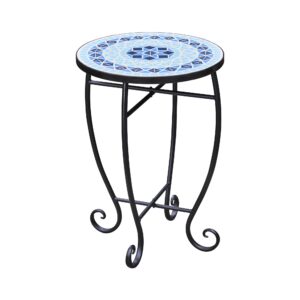 teamson home 14 inch round small outdoor patio weather resistant planter stand with iron frame, curved legs and ceramic mosaic surface, blue