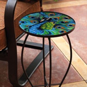 evergreen garden outdoor-safe round peacock glass metal side table - 12" l x 12" w x 22" h indoor outdoor side tables for your patio, lawn, garden or home décor