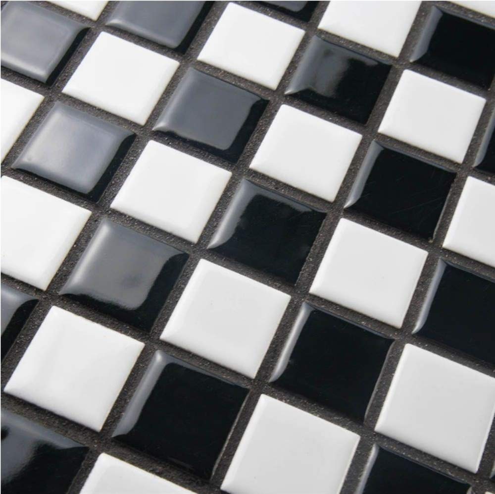 Square Checkered Tile Black & White Porcelain Mosaic Shiny Look (12x12) ((5 Sheets))