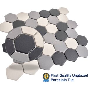 Matte Unglazed 2 Inch Mix Grey Blend Honeycomb Hex 2x2 Gray Porcelain Mosaic Floor Wall Tile Backsplash for Kitchen Bathroom Shower, Accnt Decor, Fireplace, Flooring (Box of 10 Sheets) (Mid Grey)