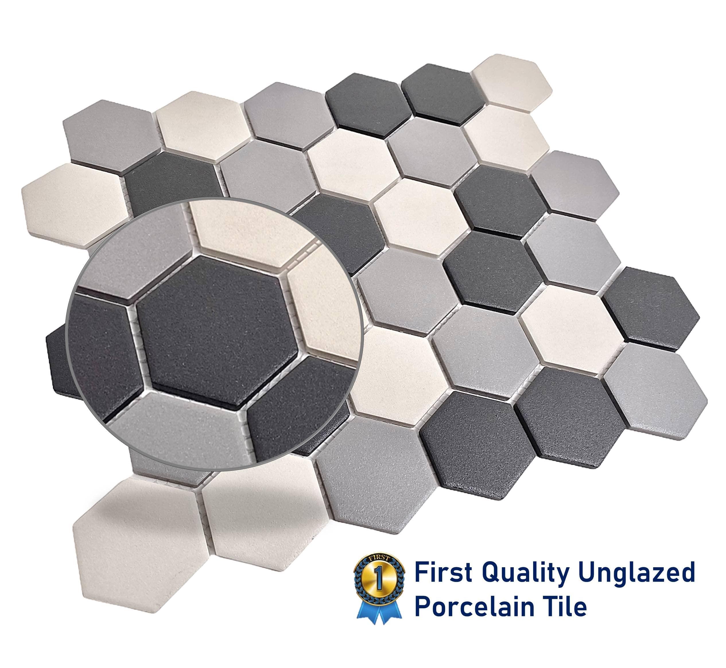 Matte Unglazed 2 Inch Mix Grey Blend Honeycomb Hex 2x2 Gray Porcelain Mosaic Floor Wall Tile Backsplash for Kitchen Bathroom Shower, Accnt Decor, Fireplace, Flooring (Box of 10 Sheets) (Mid Grey)