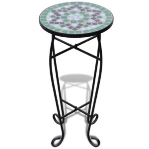 YAFF Mosaic Side Table Plant Table, Round End Table for Patio Porch Indoor Outdoor Accent Table, Small Coffee Table for Garden Porch Living Room Balcony Deck Porch Pool Green White (8.8lbs)