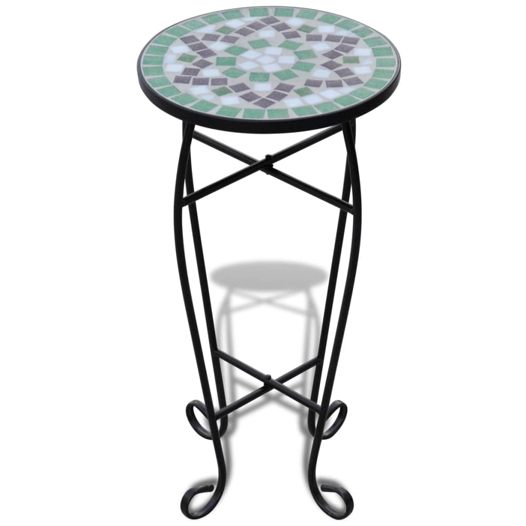 YAFF Mosaic Side Table Plant Table, Round End Table for Patio Porch Indoor Outdoor Accent Table, Small Coffee Table for Garden Porch Living Room Balcony Deck Porch Pool Green White (8.8lbs)