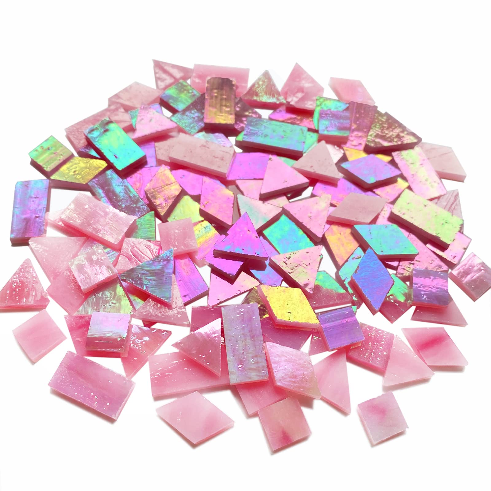 KALUCION Magic Iridescent Pink Stained Glass Mosaic Tiles for Crafts, 280 Pieces Mixed 4 Shapes Stained Glass Sheets Pieces for Mosaics