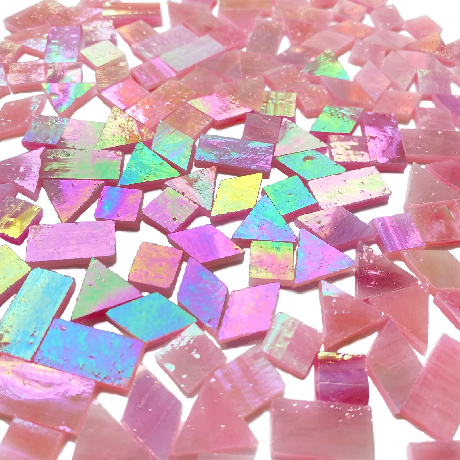 KALUCION Magic Iridescent Pink Stained Glass Mosaic Tiles for Crafts, 280 Pieces Mixed 4 Shapes Stained Glass Sheets Pieces for Mosaics