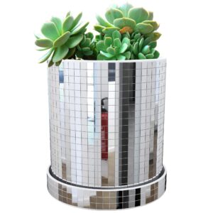 adnee modern disco cylindrical plastic planter pot, silver, 4.5 x 4.8 inch, indoor outdoor, drainage hole and saucer