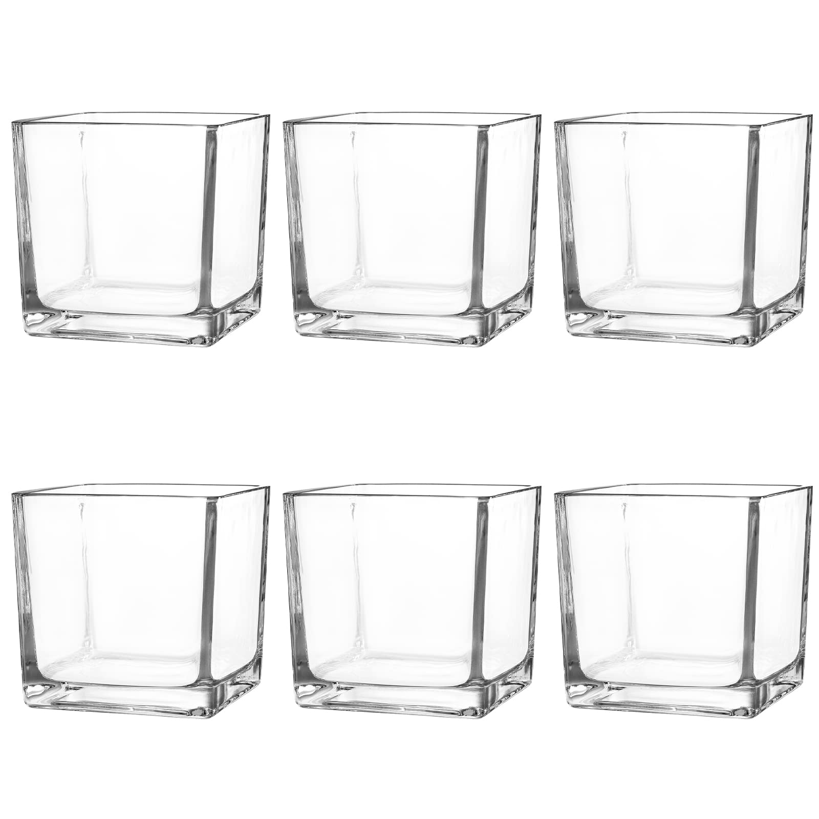 Comrzor Set of 6 Square Glass Vases 4" x 4" x 4", Clear Flower Vase, Plant Terrarium, Candle Holder for Wedding Centerpiece, Office Decorations, Home Décor, Parties and Events