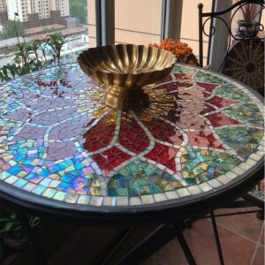 xiaolin mosaic side table，outdoor garden patio tile top accent desk with round hand painted glass, 23.6" diameter