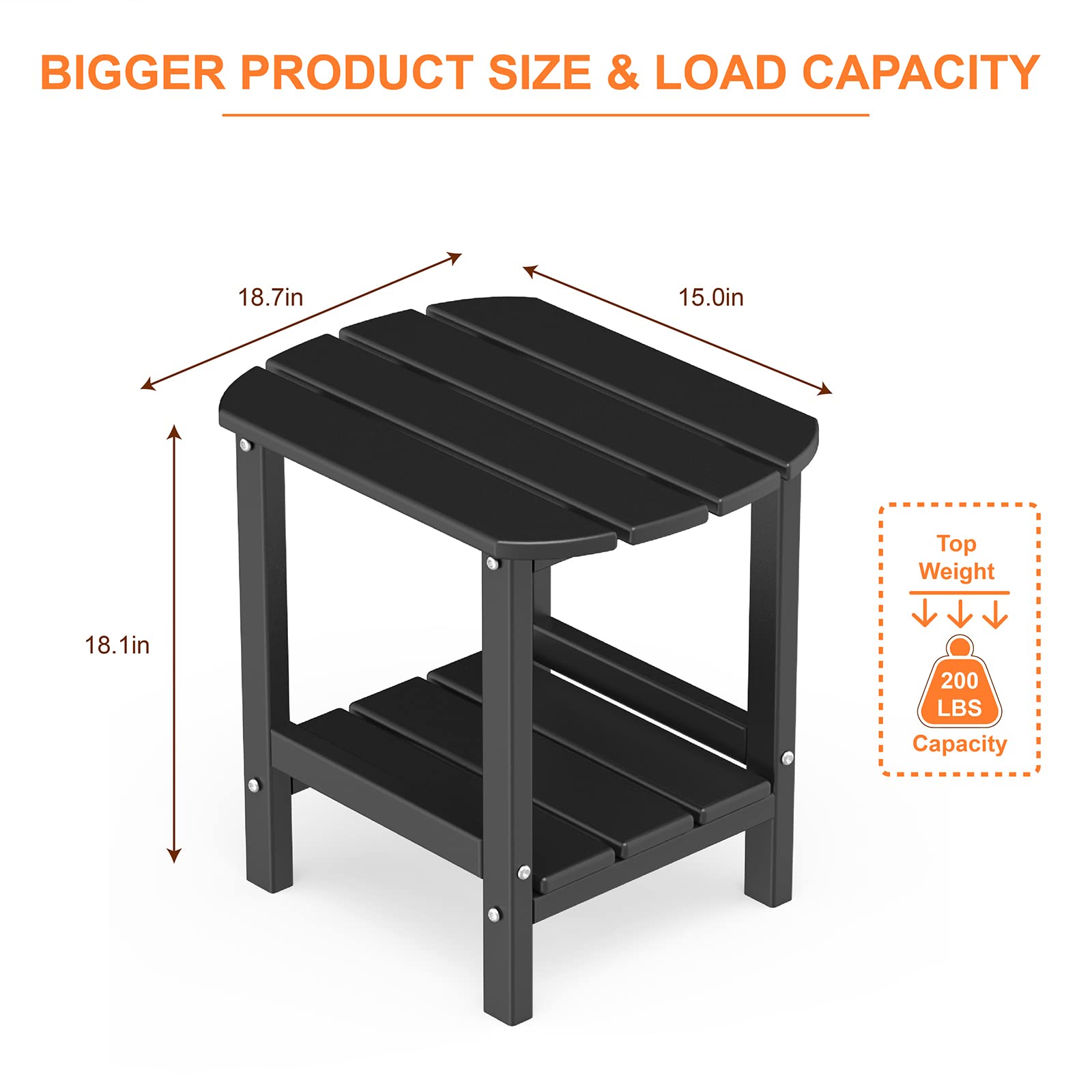 Mdeam Adirondack Outdoor Side Table,Double 18" HDPE Patio End table Weather Resistant &Easy Assembly for Indoor,Porch,Pool(Black)