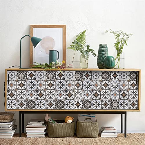 Orainege Bohemian Peel and Stick Wallpaper Backsplash 17.7inx78.7in Kitchen Wallpaper Peel and Stick Vinyl Self Adhesive Wallpaper Gray Boho Tile Pattern Contact Paper Decorative Removable Wall Paper