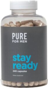 pure for men original cleanliness stay ready fiber supplement | helps promote digestive regularity | psyllium husk, aloe vera, chia seeds, flaxseeds | proprietary formula | 240 vegan capsules