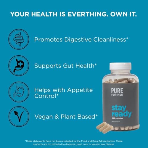 Pure for Men Original Cleanliness Stay Ready Fiber Supplement | Helps Promote Digestive Regularity | Psyllium Husk, Aloe Vera, Chia Seeds, Flaxseeds | Proprietary Formula | 240 Vegan Capsules