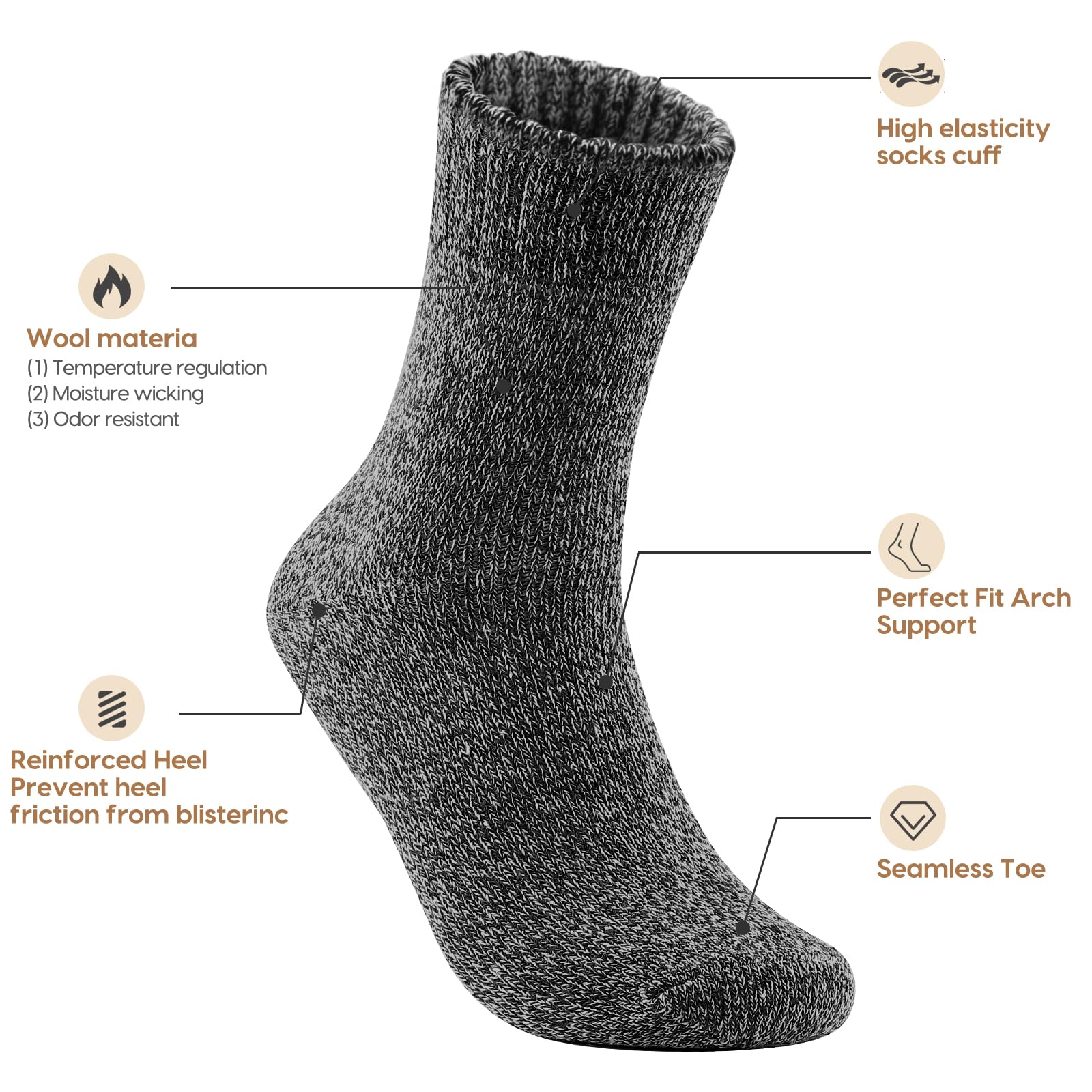 EXCELLENT THERMAL Wool Socks Mens, Winter Thermal Socks for Men, Soft Crew Hiking Socks Warm Mens Socks fit US 7-13(5 Pairs)