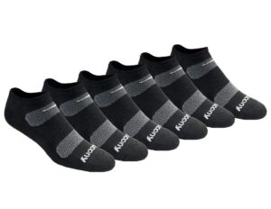 saucony mens multi-pack mesh ventilating comfort fit performance no-show socks, black basic (6 pairs), shoe size 8-12 us