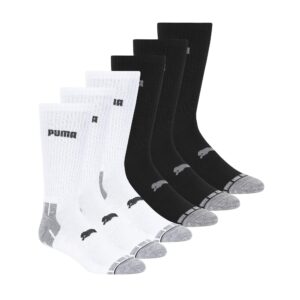 puma mens 6 pack crew running socks, white/black/grey, 13-15 us