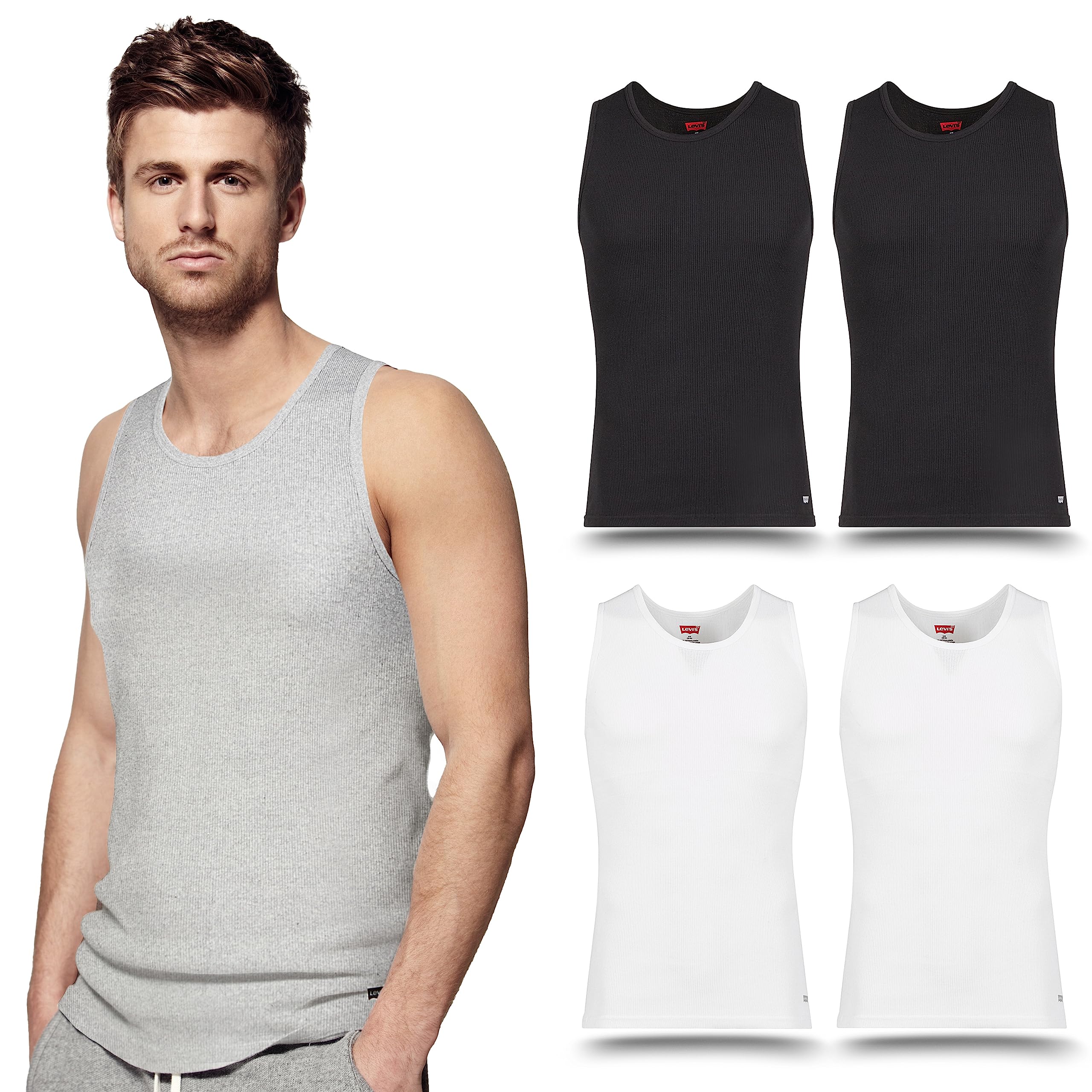 Levi's Tank Tops for Men, Ribbed Cotton Mens Undershirts 2 White/Grey/2 Black